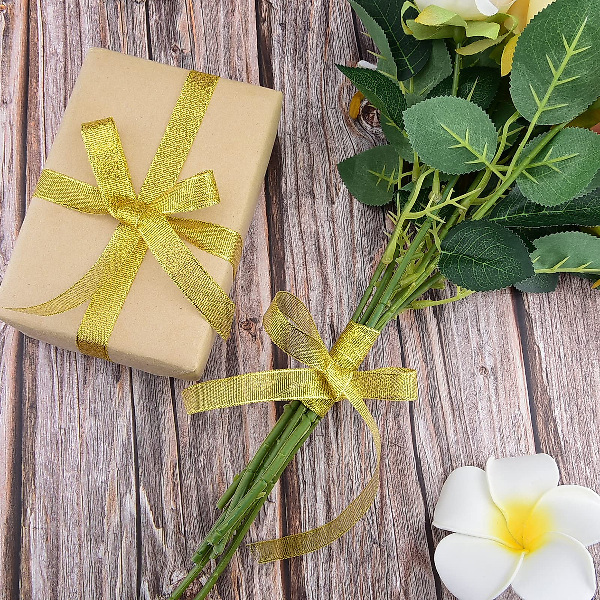 Hapeper 4 Rolls 3/5 Inch Metallic Glitter Ribbons for Gift Wrapping Crafts Birthday Wedding Pary Decoration , 100 Yards in Total (Golden)