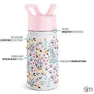 Simple Modern Disney Daisy Duck Kids Water Bottle with Straw Lid | Reusable Insulated Stainless Steel Cup for School | Summit Collection | 14oz, Daisy Duck Garden