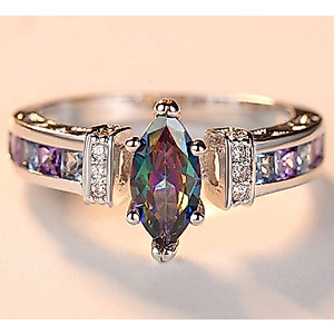 DCFSHEE Fashion Marquise Shape Cut Created Mystic Rainbow Topaz 925 Sterling Silver Plated Promise Ring Jewelry Gifts for Her (US size 10)