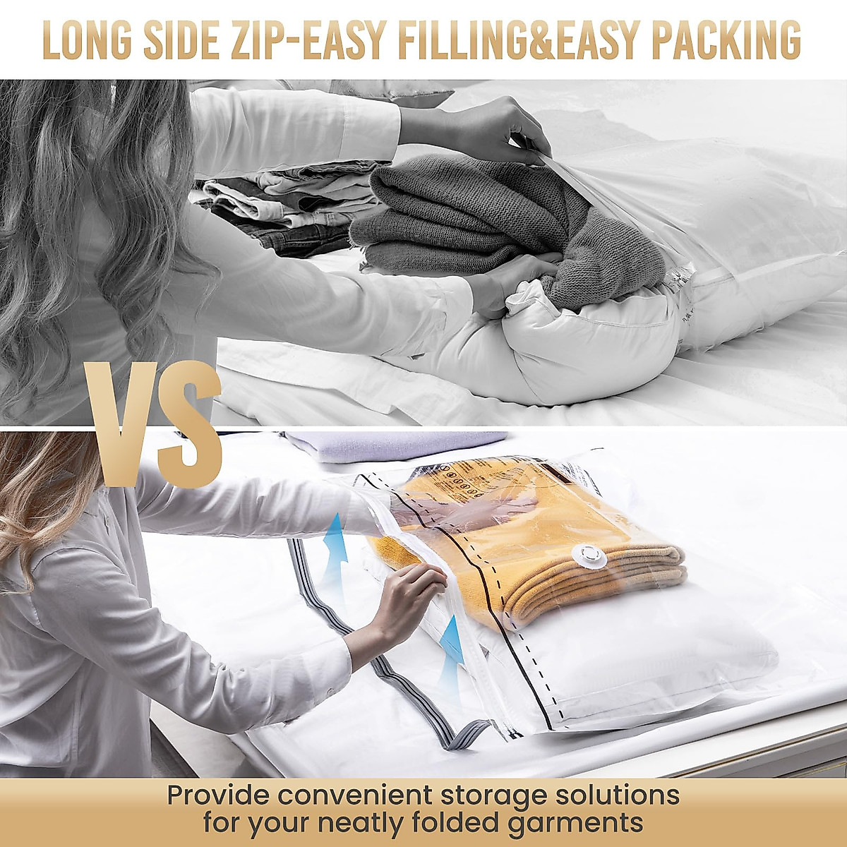 TAILI Long Side Zip - 8 Extra Large Vacuum Storage Bags for Bedding for Towels, Blankets, Pillows or Clothes-Space Saver Vacuum Seal Bags for Clothing Ideal Under Bed Storage Solution