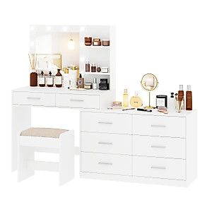 Rovaurx 65" W Makeup Vanity Set with Mirror and 3-Color Lights, Large Vanity Table with 8 Drawers & Side Storage Shelf, Adjustable Width, Bedroom Dressing Table with Stool, for Women, White RSZT109WD
