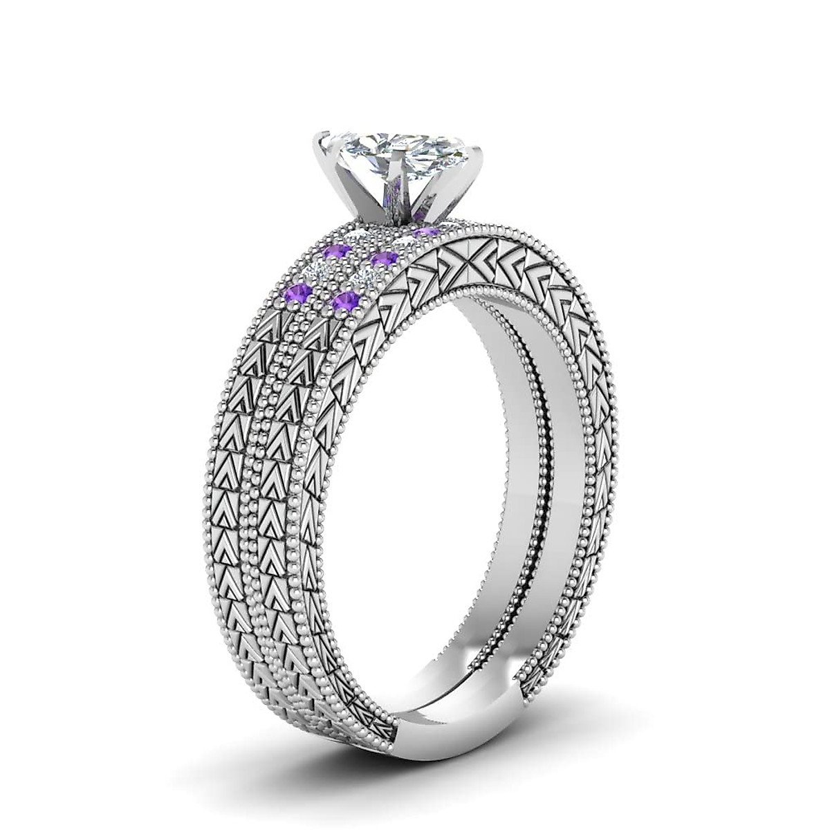 JewelryGift Antique Design Pave Engagement Rings sterling silver Natural Amethyst Marquise shape purple color Milgrain Engagement Rings pave Setting in Size 12 Casual Wear for Gift