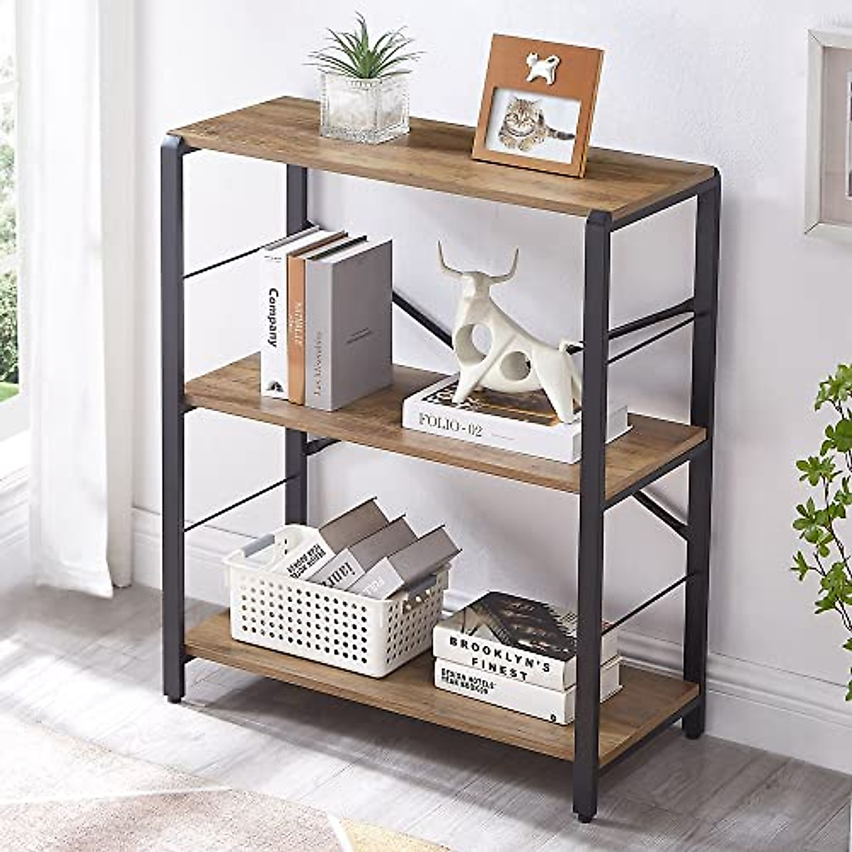 FOLUBAN Industrial Bookshelf, 3 Tier Open Book Shelf, Rustic Wood and Metal Shelving Unit for Living Room, Oak