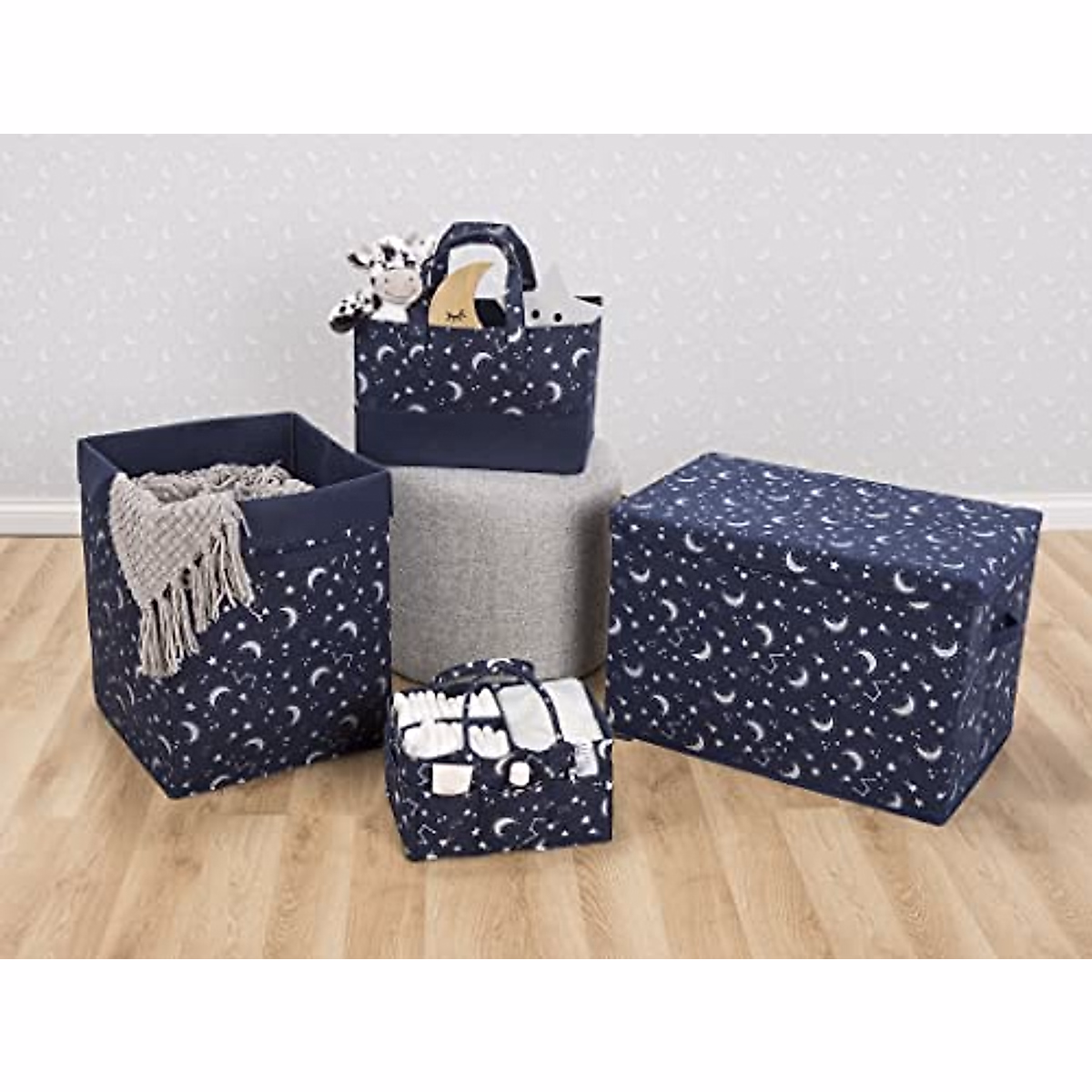 Sammy & Lou Constellation Felt Toy Box; Navy, White; Collapsible; Two Handles; Hinged Lid; 22 in x 14.5 in x 15 in