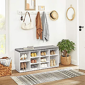 VASAGLE Shoe Bench, Storage Bench, Shoe Rack Bench, Shoe Shelf, Storage Cabinet, 10 Compartments, with Cushion, for Entryway, 11.8 x 40.9 x 18.9 Inches, White and Gray ULHS10WT