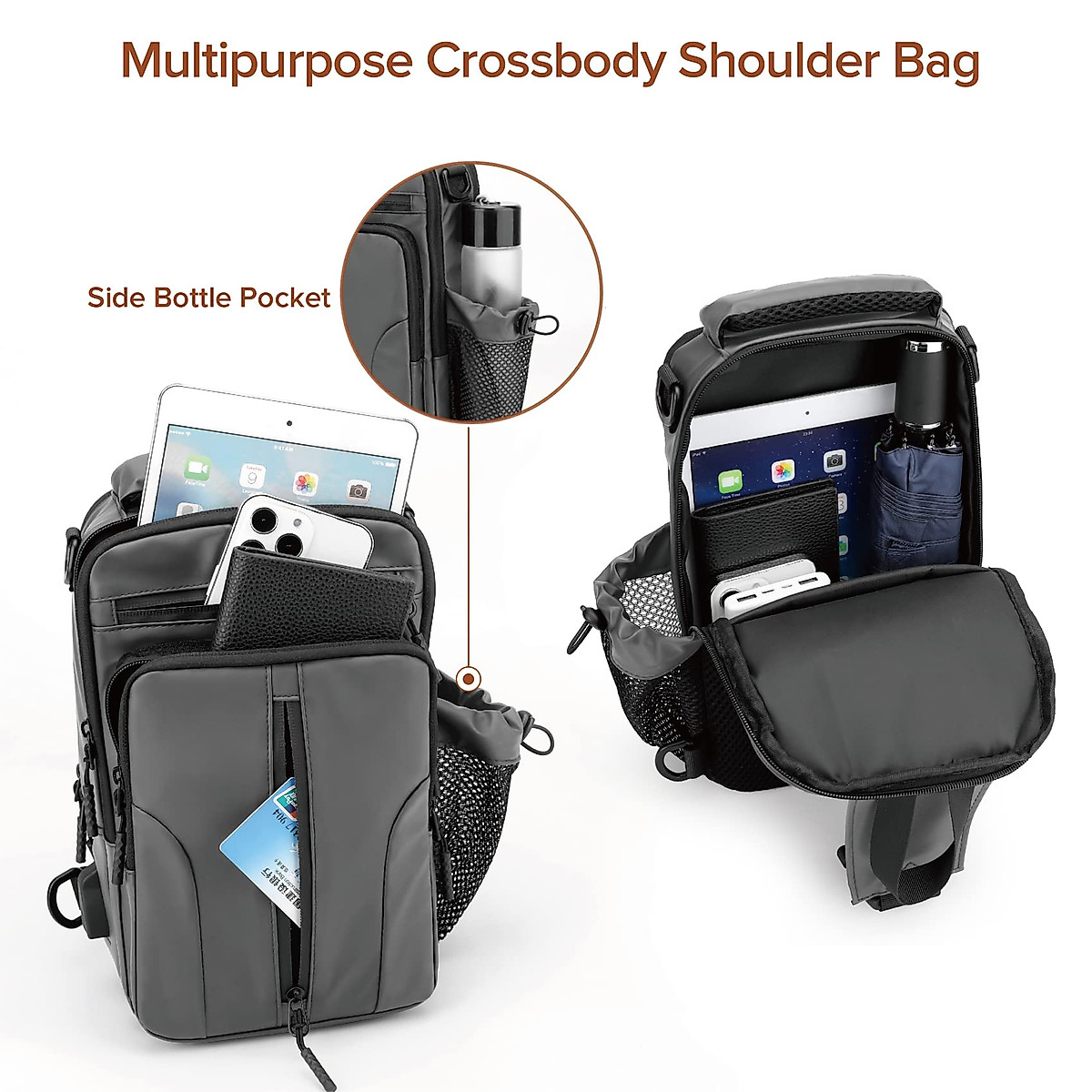 MAYMOONER Crossbody Sling Backpack Shoulder Bag for Men Women, Lightweight One Strap Motorcycle Messenger Bag Daypack for Cycling Hiking Walking Outdoor Sports Travel with USB Charger Port Grey