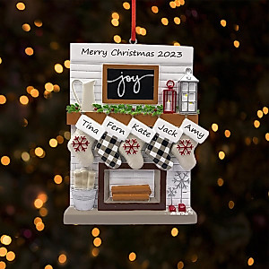 Personalized Christmas Ornaments 2023 Fireplace Mantle Family of 2/3/4/5/6 Custom Name Stockings Joy Ornament for Xmas Tree Decorations Gifts Keepsake - Family of 5