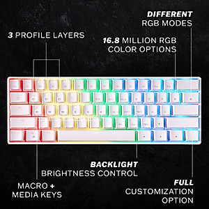 HK GAMING GK61 Mechanical Gaming Keyboard - 61 Keys Multi Color RGB Illuminated LED Backlit Wired Programmable for PC/Mac Gamer (Gateron Optical Brown, White)