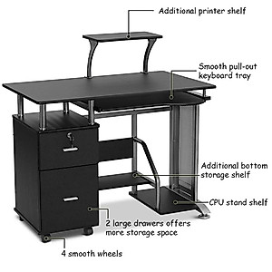 Thaweesuk Shop Black Computer Desk PC Laptop Table Workstation Home Office Furniture w/Printer Shelf MDF Steel PVC 39.5" L×23.5" W×39" H of Set
