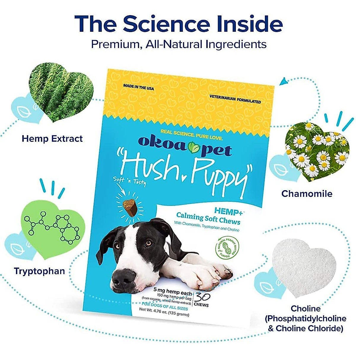Okoa Pet "Hush Puppy Calming Dog Treats - Vet Formulated, Natural Peanut Butter Flavor Soft Chews - Anxiety Relief for Dogs with Hemp - Ideal for Separation, Travel, Fireworks - Made in USA (2 Pack)