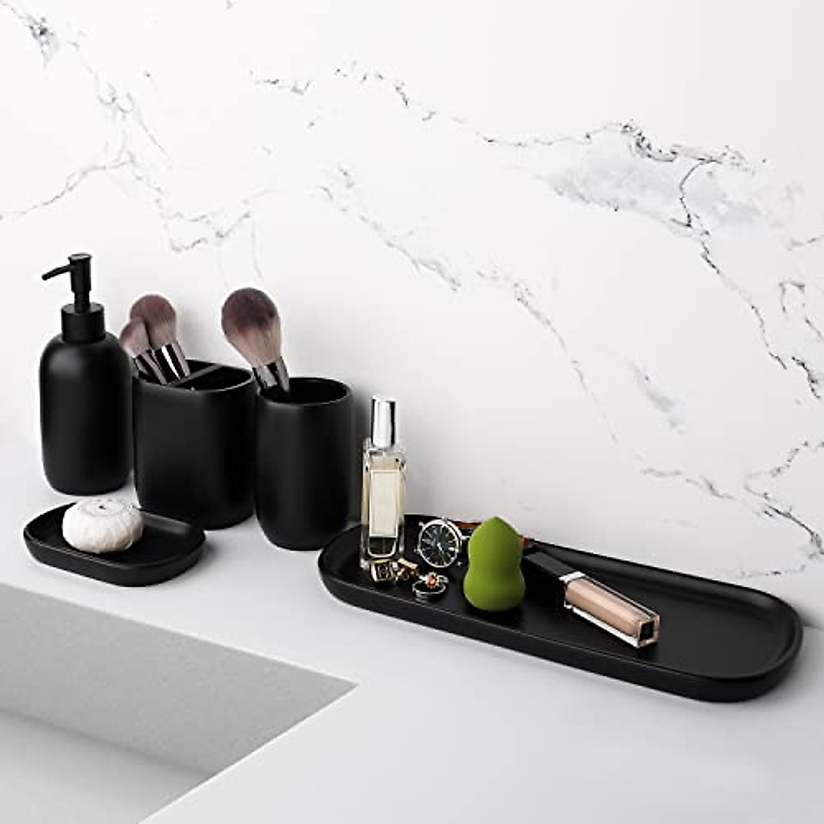 Bathroom Accessories Set, FoverOne 5-Piece Resin Vanity Counter Accessories Set Complete with Toothbrush & Toothpaste Holder, Tumbler, Vanity Tray, Lotion Dispenser, and Soap Dish - Matte Black