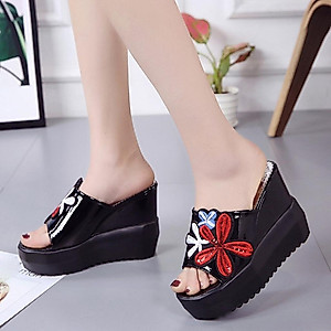 WensLTD Women's Thick-Bottom Sloped Slippers Embroidered High-Heeled Wedges Platform Shoes (6.5, Black)