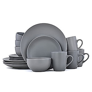 Famiware Dinnerware Set, 16 Piece Dishes Set, Plates and Bowls Set for 4, Gray Matte…