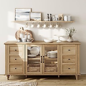 FITUEYES Sideboard Buffet Cabinets with Glass Door, Kitchen Storage Cabinets, Wood Coffee Bar Tables, Accent Sideboard Storage Cabinet Table Dining Room, Living Room,Oak