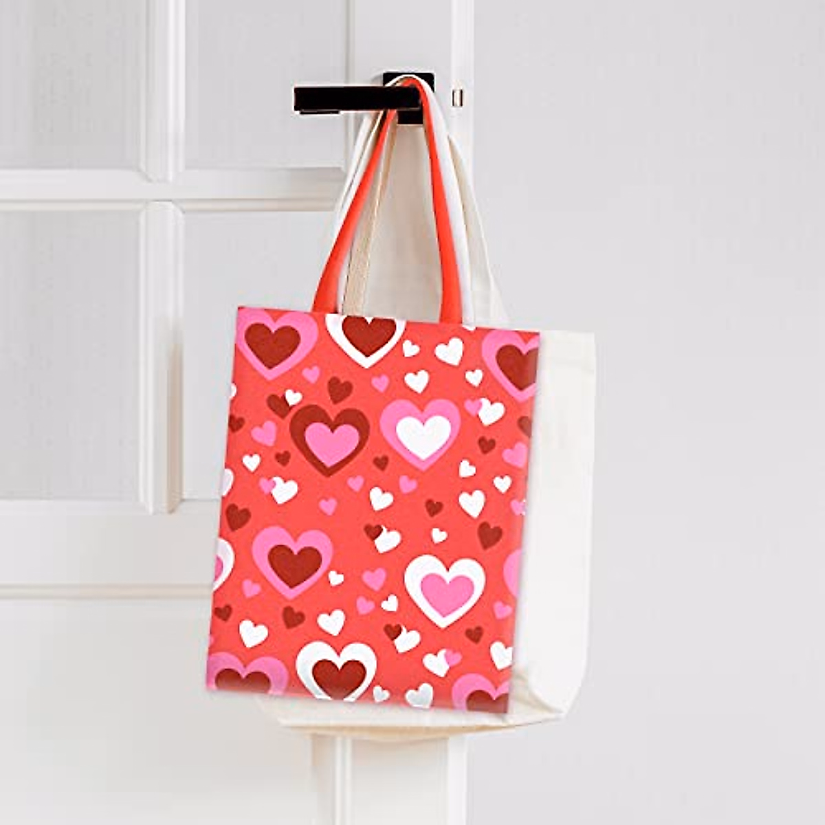Whaline 3Pcs Valentine's Day Canvas Tote Bags Red Pink Heart Love Valentines Basket Reusable Grocery Shopping Bags Gift Goodie Bags for Valentine' Day Party Favor Supplies Gifts, 10.8 x 13.8inch