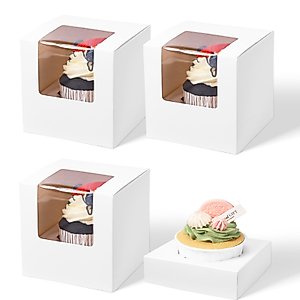 Moretoes 30pcs Cupcake Boxes, 3.5inches Individual Pre-Assembled White Cake Boxes with Window Single Cupcake Containers for Mother's Day, Birthdays, Wedding, Baby Shower