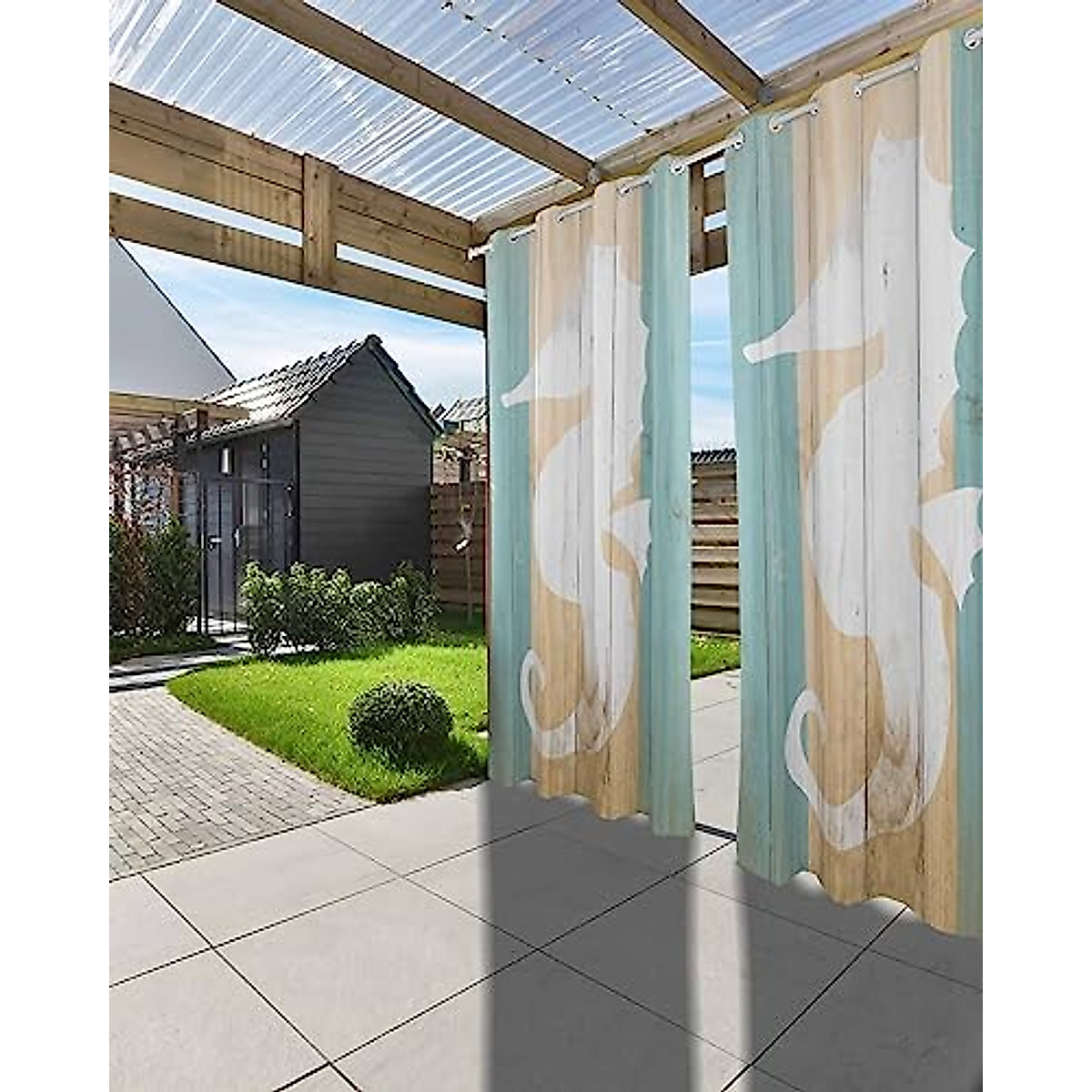 Outdoor Curtains for Patio Seahorse Under Water Sealife on Rustic Old Barn Wood Waterproof Outdoor Curtains 108 inches Long Gazebo Curtains Outdoor Waterproof Outside Drapes for Porch, Gazebo, Deck