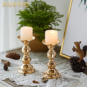 Set of 4 Gold Metal Pillar Candle Holders, Wedding Centerpieces Candlestick Holders for 2 inches Candles Stand Decoration Ideal for Weddings, Special Events, Parties