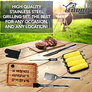 Torro Products 25PCS BBQ Grill Stainless Steel Laser Etched Logo Tool Set, Accessories, Grilling Kit Oxford Case, Camping, Kitchen, Barbecue, Summer, Parties Utensil for Men Women with Thermometer