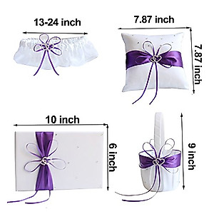 Awtlife 5pcs Sets Purple Wedding Flower Girl Basket Guest Book Pen with Ring Pillow and Garter