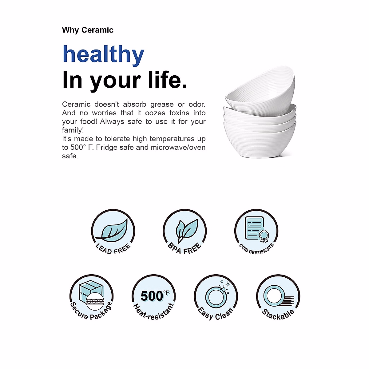 LE TAUCI Salad Bowls 44 Ounce, Ceramic Kitchen Serving Bowl Sets for Pasta, Cereal, Popcorn, Snack, Oven Dishwasher & Microwave Safe - 8.5 inch, Set of 4, White