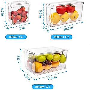 Set Of 7 Clear Fridge Organizer Stackable Refrigerator Organizer Bins with Lids,Pantry Organization and Storage,Apply to Fridge,Fresh Keeper Bin,with Vented Lids & Removable Drain Tray