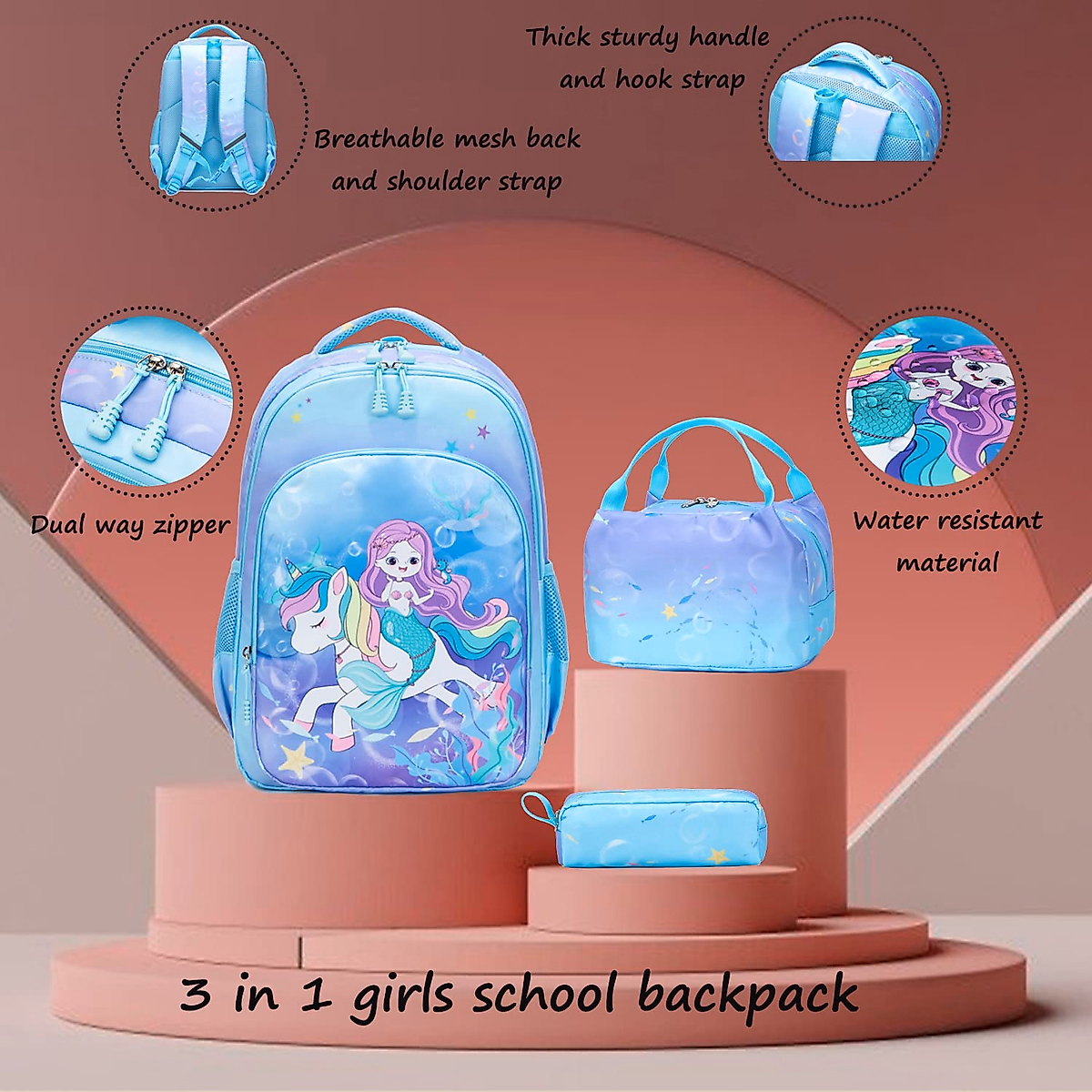Mermaid Unicorn Backpack for Girls School Backpack for Girls Mermaid Bookbag Large Capacity Water Resistant School Bag 3 Piece Bundle with Insulated Lunch Bag Pencil Case