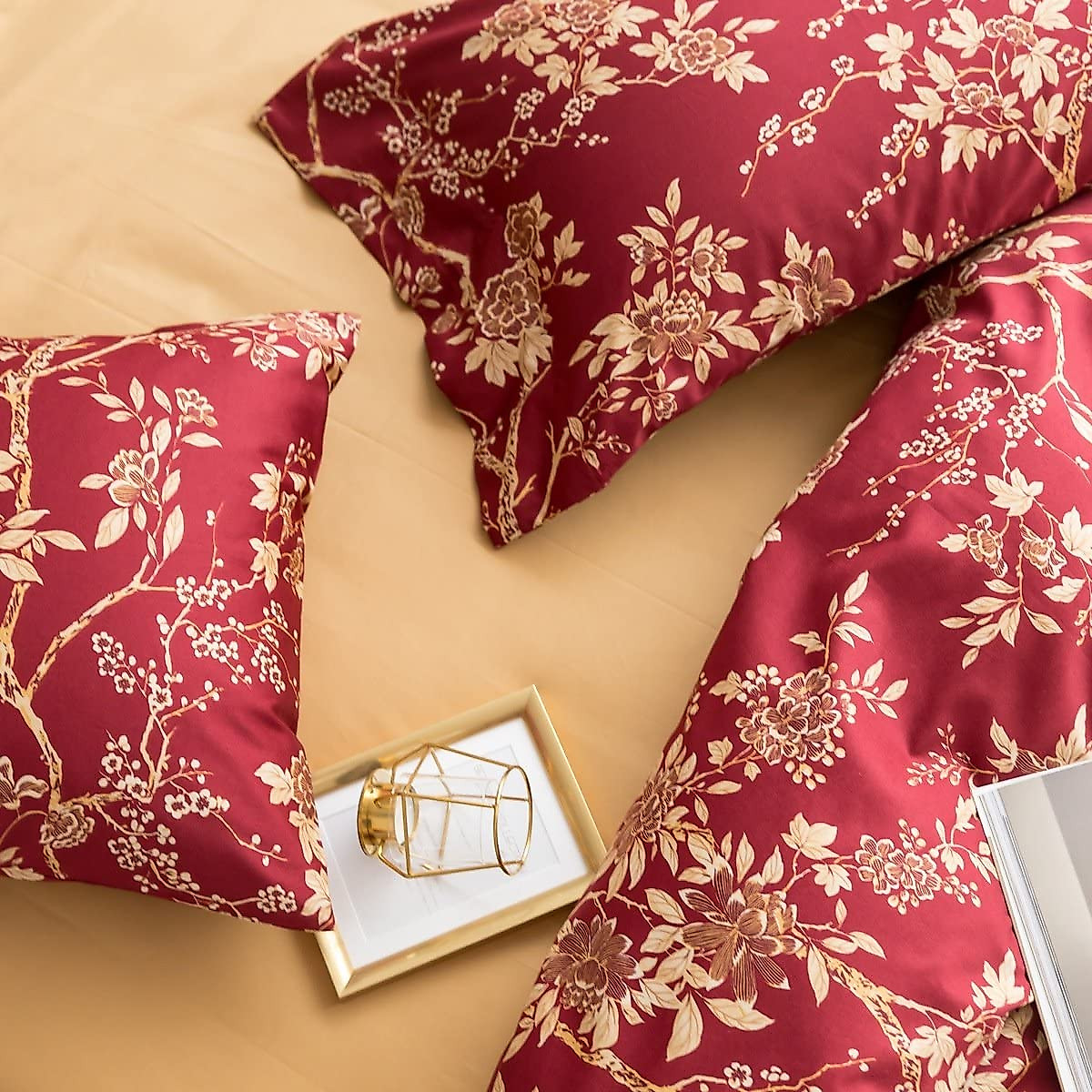 Eastern Floral Chinoiserie Blossom Print Duvet Quilt Cover Navy Blue Tan White Asian Style Botanical Tree Branches Ornamental Drawing 400TC Egyptian Cotton Bedding Set Garnet, Twin