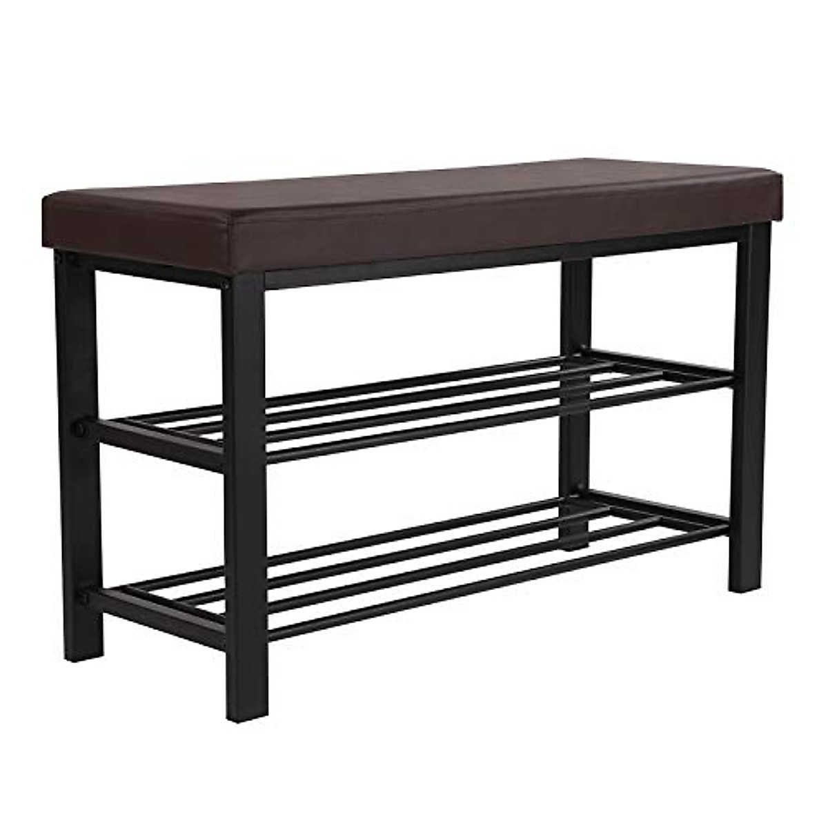 SONGMICS Shoe Bench, 3-Tier Shoe Rack for Entryway, Storage Organizer with Foam Padded Seat, Faux Leather, Metal Frame, for Living Room, Hallway, 12.2 x 31.9 x 19.3 Inches, Brown ULBS58Z