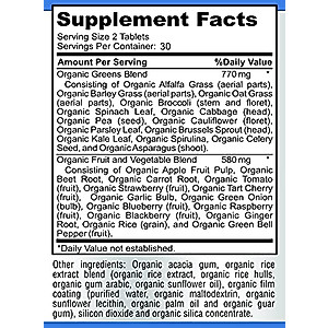 Fruit and Veggie Superfood Greens - 28 Fruits and Vegetables incl. Alfalfa, Barley Grass, Spirulina, Beet Root, Tart Cherry, Concentrated Natural Antioxidants- 60 Tablets