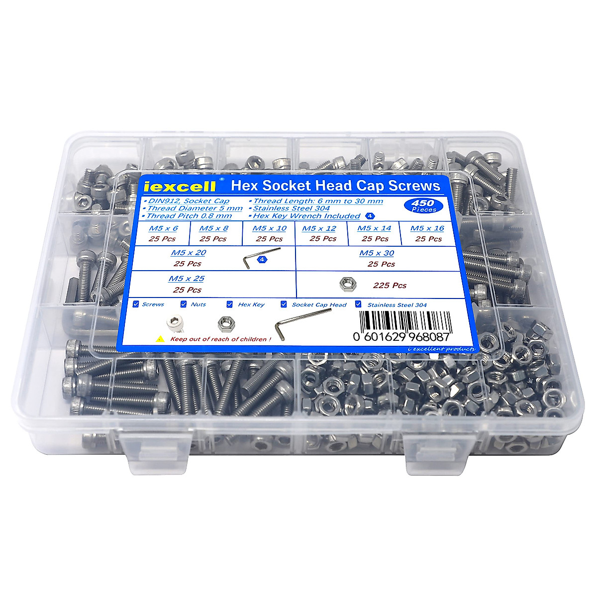iexcell 450 Pcs M5 x 6/8/10/12/14/16/20/25/30 Stainless Steel 304 Hex Socket Head Cap Screws Bolts Hex Nuts Assortment Kit