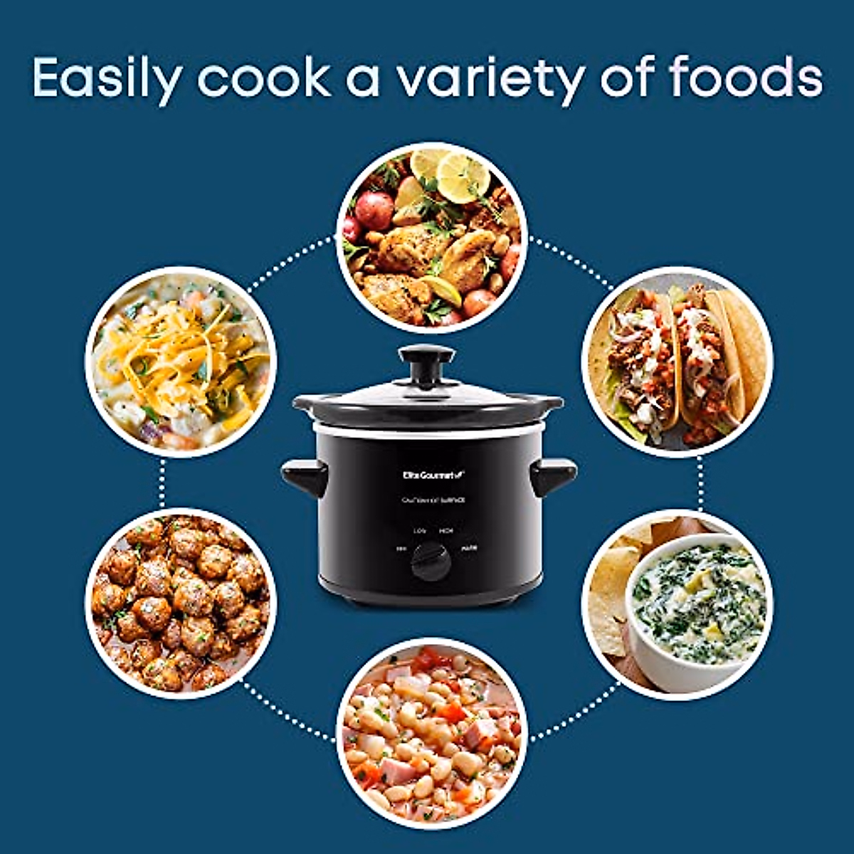 Elite Gourmet MST239X Electric Round Slow Cooker, Adjustable Temp, Entrees, Sauces, Stews & Dips, Dishwasher Safe Glass Lid & Crock, 2 Quart, Black