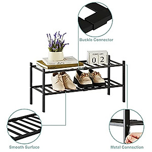 quiqear Bamboo Shoe Rack, 2 Tier Shoe Rack Organizer, Stackable & Durable Shoe Shelf Holder, Free Standing Shoe Racks, Shoe Storage Organizer for Entryway, Closet, Hallway (Black)