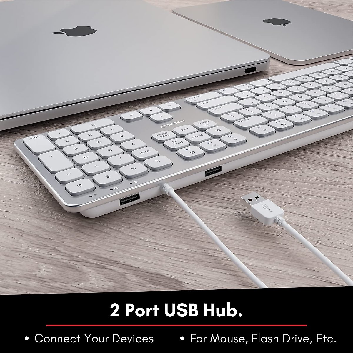 Macally Wired Keyboard for Mac - Compatible Apple Keyboard with USB Ports for Mouse - Full-Size Mac Keyboard with Number Pad - Plug & Play Keyboard for MacBook Pro/Air, iMac - Aluminum Frame