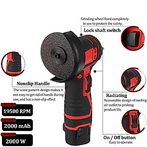 Boyuan 3 Inch Cordless Angle Grinder, 12V Mini Cordless Metal Cutter Machine, with 2.0Ah Li-Ion Battery & Charger, Battery Grinder Tool for Grinding Cutting,2pcs Battery