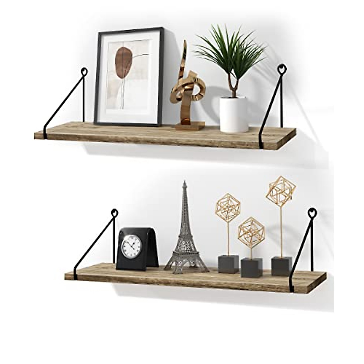 SUMGAR 24 Inch Floating Shelves Long Shelf for Wall Decor, Rustic Large Wood Wall Mounted Hanging Storage Shelves with Black Metal Brackets for Bathroom Kitchen, Set of 2