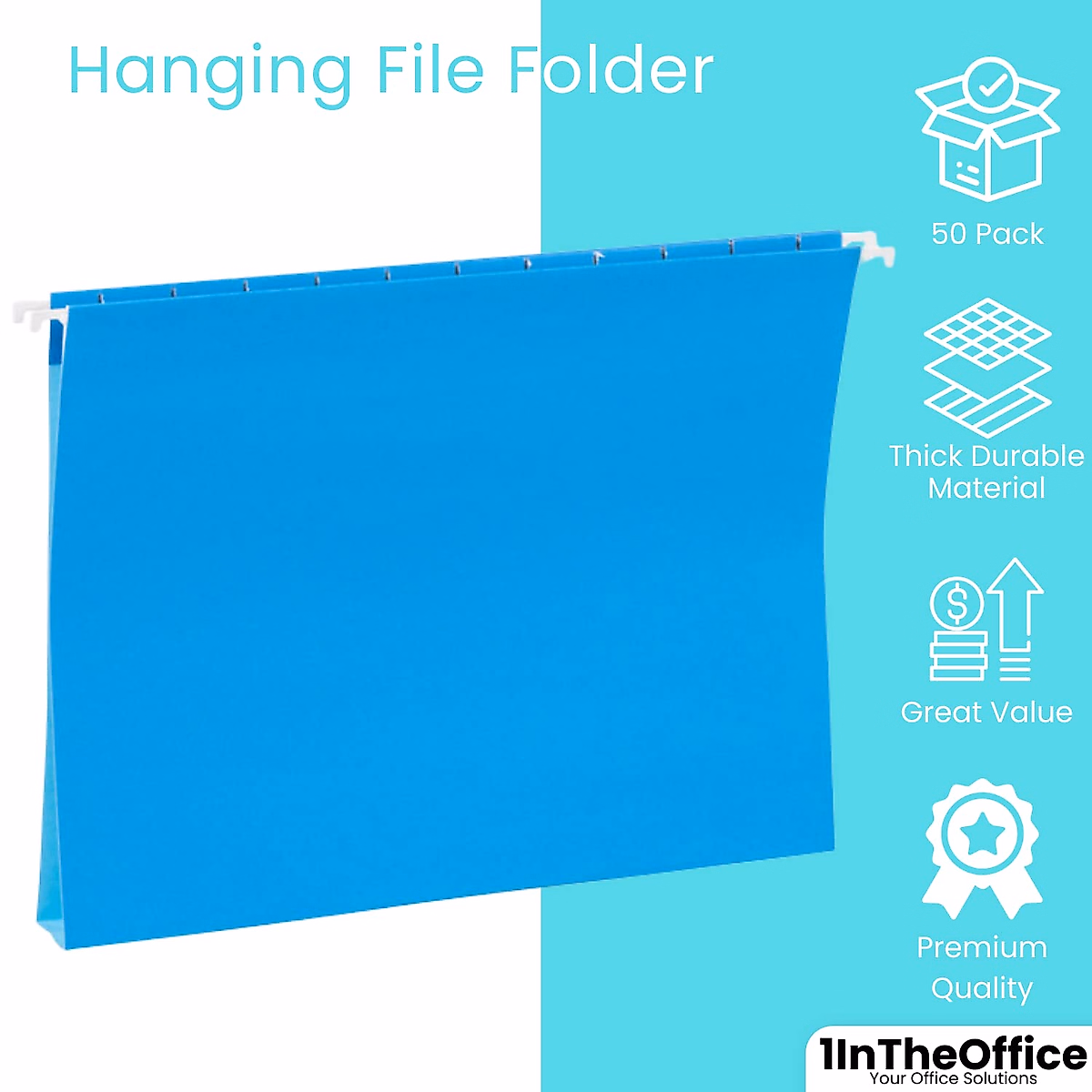 1InTheOffice Blue Letter Size Hanging File Folders with Tabs, 1/5 Cut, 11 pt, 50 Pack