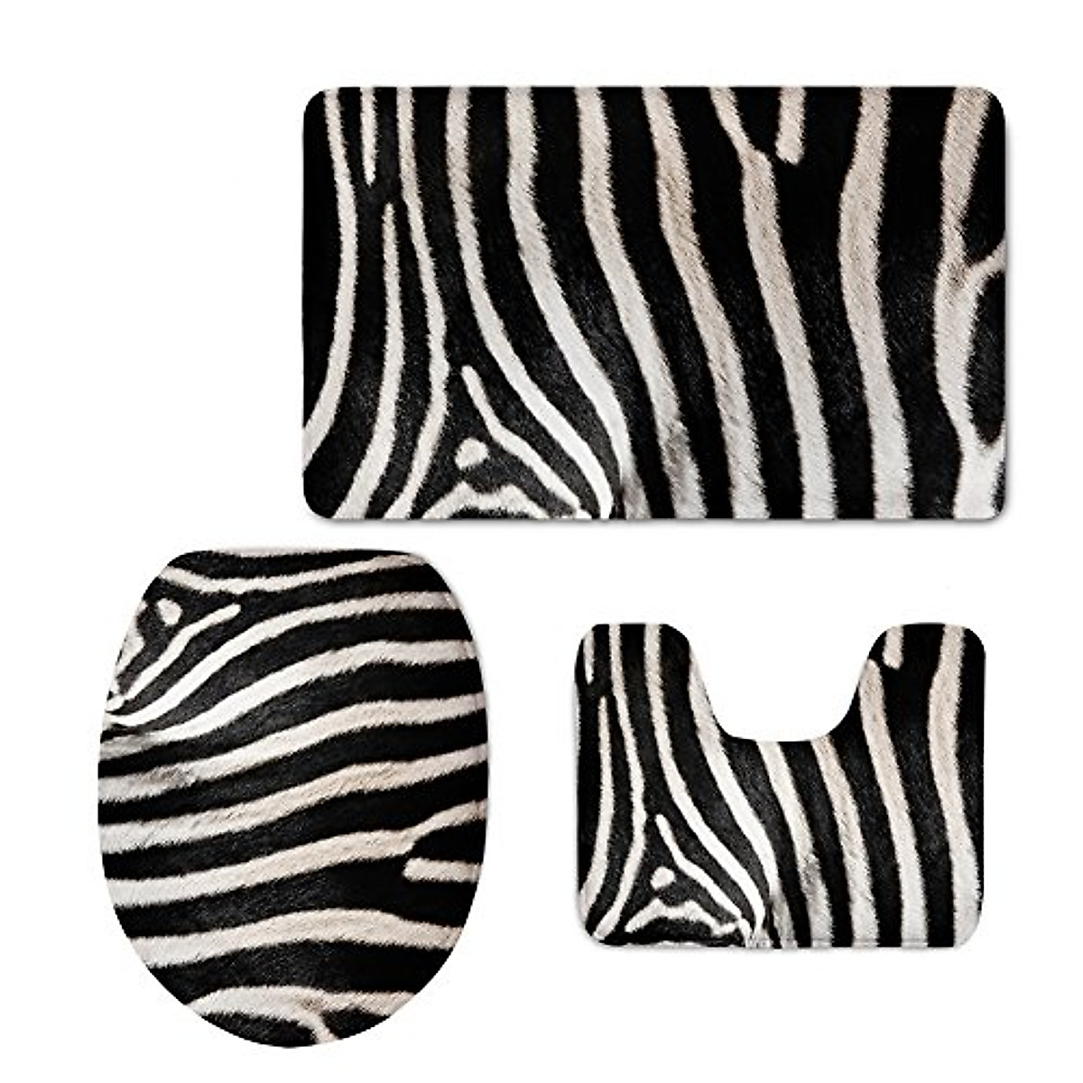 HUGS IDEA Classic Black and White Striped Zebra Bath Mat Set with Rug/Contour/Lid Cover Absorbent Doormat (3 Piece)