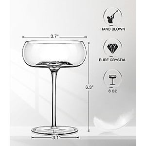 Unique Martini Glasses | Set of 4 | 8 oz Crystal Round | Art Deco Cocktail Glasses Set for Pisco Sour, Mixed Drinks | Hand-Blown Fancy Champagne Coupe Glass