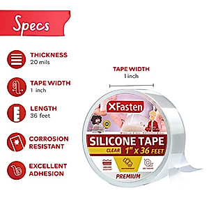 XFasten Self Fusing Silicone Tape for Plumbing Clear 1" X 36-Foot Non-Adhesive Leak Seal Tape Waterproof, Silicone Grip Tape, Rubber Tape Thick for Pipe, Hose Repair Tape, Stop Leak Tape