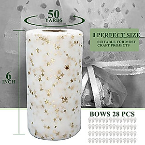 White Glitter Tulle Rolls with Foil Stars 6 Inch by 50 Yards Sparkle Fabric Ribbon for DIY Tutu Skirt Sewing Bow Wedding Decorations Craft Supplies