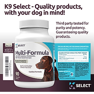 K9 Select Multi-Formula Dog Vitamins for Large Dogs - 30mg HMR Lignans, 3mg Melatonin, 60mg Milk Thistle - Helps Heart, Liver, Digestion, Skin & Coat Health, Dog Multivitamin, 90 Tablets, Beef Flavor