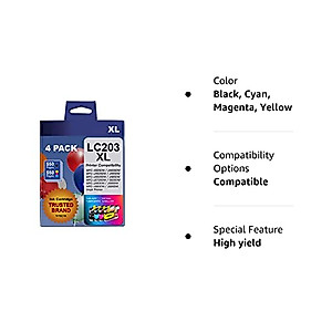 LC203XL High Yield Ink Cartridges Compatible with Brother LC203 LC203XL LC201 to use with MFC-J480DW MFC-J880DW MFC-J4420DW MFC-J680DW MFC-J885DW MFC-4320DW (Black Cyan Magenta Yellow, 4 Pack)
