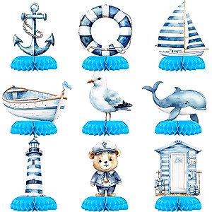 Celee 9 Pack Nautical Party Honeycomb Centerpieces for Kids' Nautical Birthday Decorations and Baby Shower Supplies - Cute Nautical Table Toppers for Nautical Theme Party