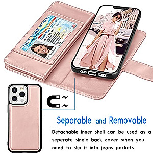 Tekcoo Wallet Case Compatible with iPhone 13 (6.1 inch) 2021 Luxury ID Cash Credit Card Slots Holder Carrying Pouch Folio Flip PU Leather Cover [Detachable Magnetic Hard Case] with Strap [Rose Gold]
