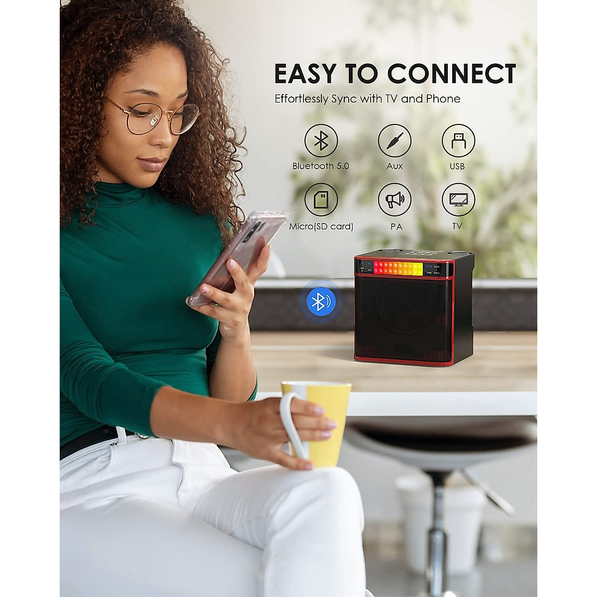 FULLIFE Karaoke Machine, Portable Bluetooth Karaoke Speaker with 2 Wireless Microphones for Adults & Kids, PA System with LED Light, Home Karaoke Set, Supports TF/AUX/USB, for Parties, Meetings