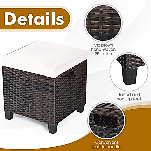 LDAILY Moccha 2 Pieces Patio Outdoor Ottoman, All Weather Rattan Patio Ottoman Set w/Removable Cushions, Footrest Seat Outdoor Footstool (Cream)