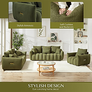 Wrofly 39.7" Teddy Cloud Sofa Couch, Modern Deep Seat Boucle Single Sofa Chair, Comfy Upholstered Sherpa Couch with Pillow, Oversized Accent Armchair for Living Room Apartment Office, Olive Green