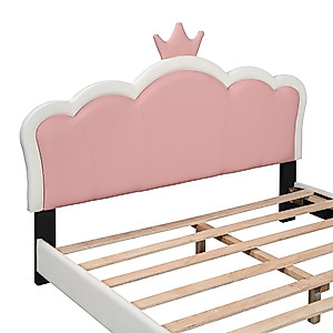 Upholstered Platform Bed, Pink Cute Cartoon Elements Princess Bed Fun Bed, Wood Full Size Bed Frame with Crown Shaped Headboard, Kids Bedroom Furniture Cute Bed Upholstered Bed