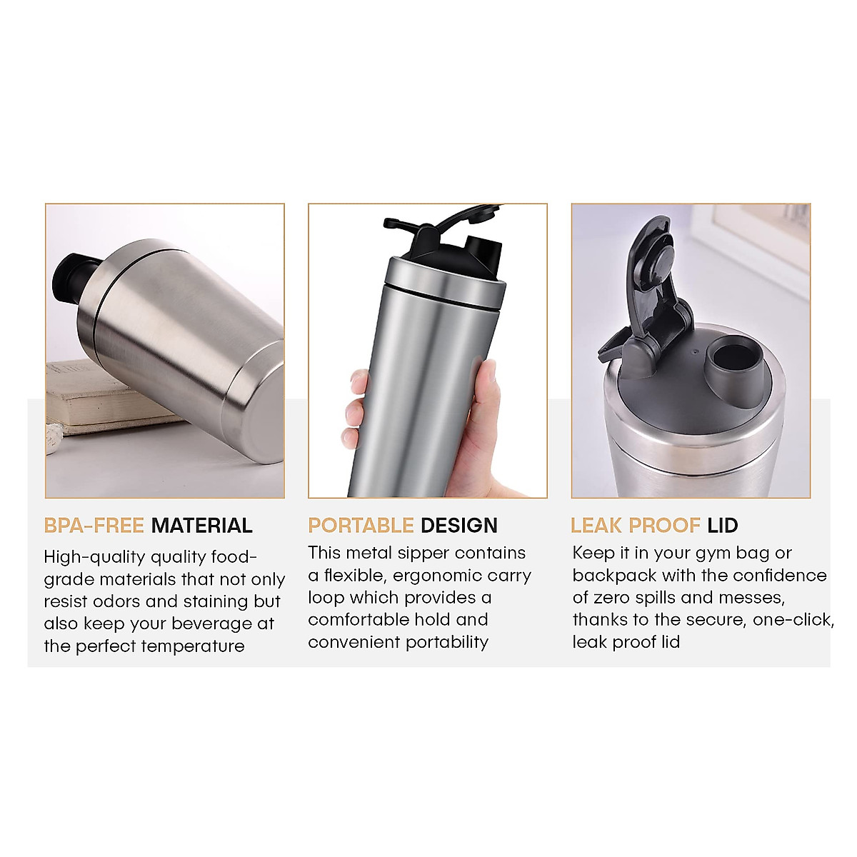 WAASS Double Wall, Stainless Steel Vacuum Insulated Protein Shaker Bottle with Mixer Ball for Gym - Leakproof One-Click Lid - BPA-Free Metal Smoothie Cup for Hot & Cold Drinks (Black)